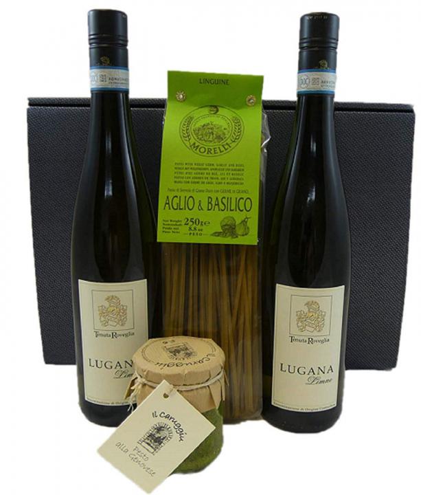 Geschenkset Lugana Limne mit Pasta und Pesto www.fabelhafter-wein.de